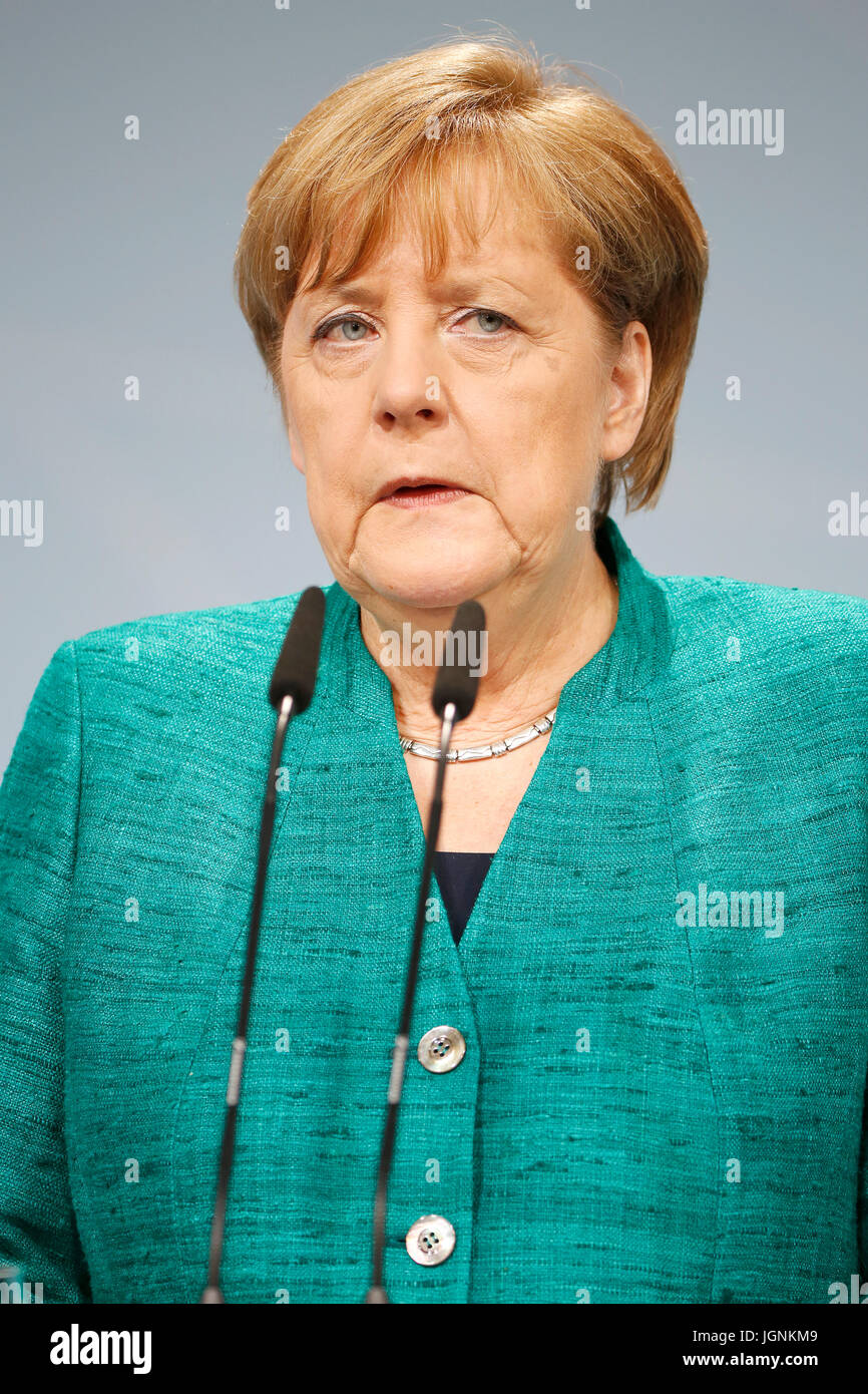 Hamburg, Germany. 8th July, 2017. Angela Merkel speaks at the G20 ...