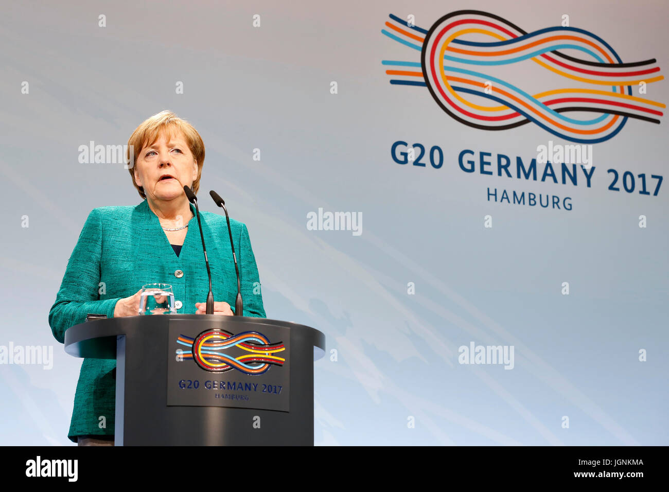 Hamburg, Germany. 8th July, 2017. Angela Merkel speaks at the G20 ...