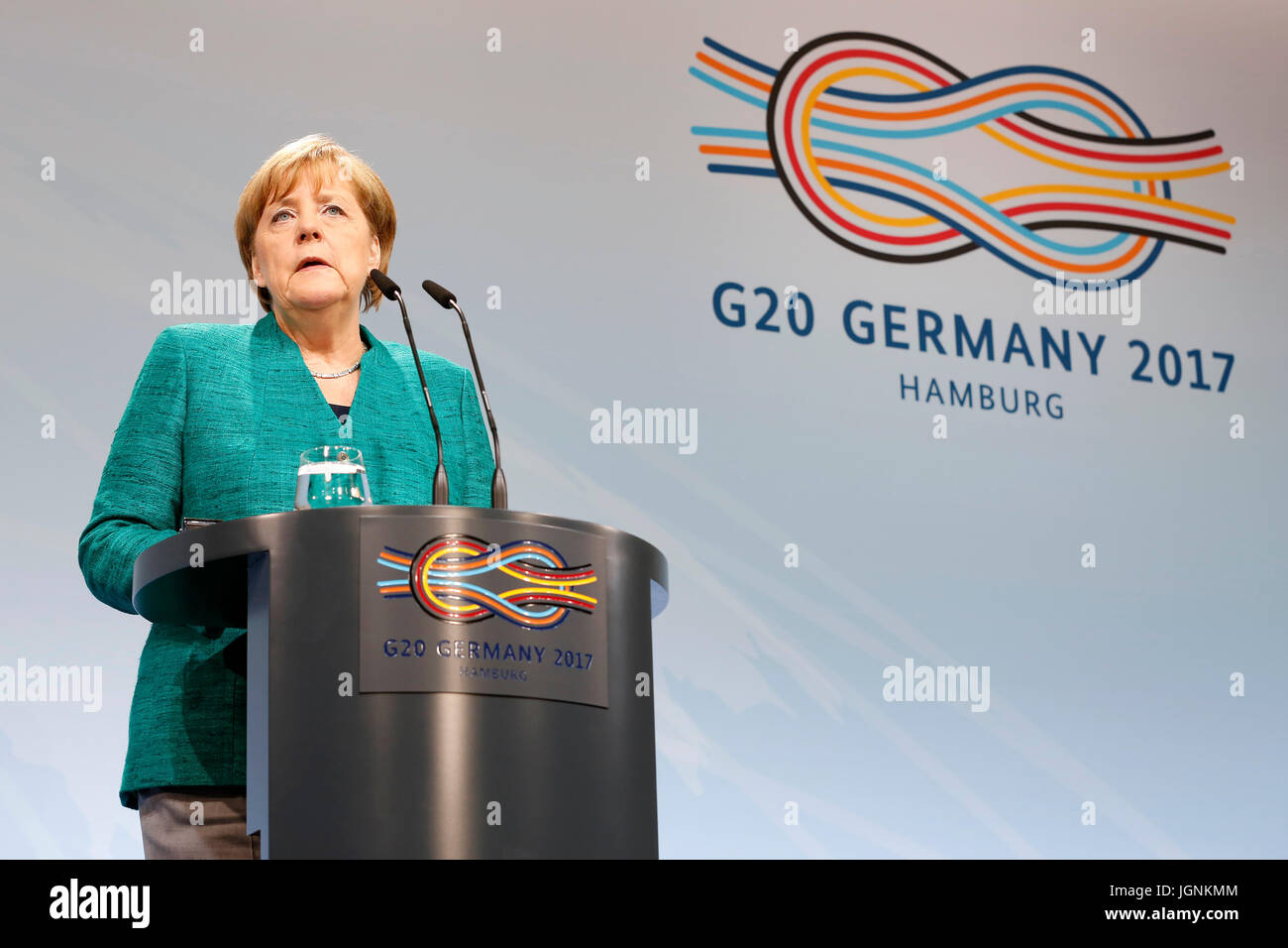 Hamburg, Germany. 8th July, 2017. Angela Merkel speaks at the G20 ...