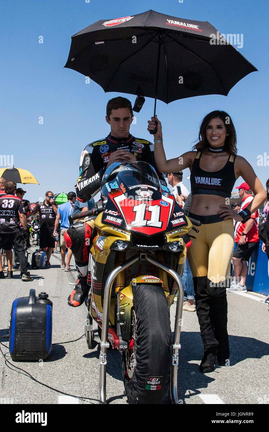 Monterey, USA. 8th Jul, 2017. # 11 Mathew Scholtz before the Motul FIM Superbike Superstock 1000 ...