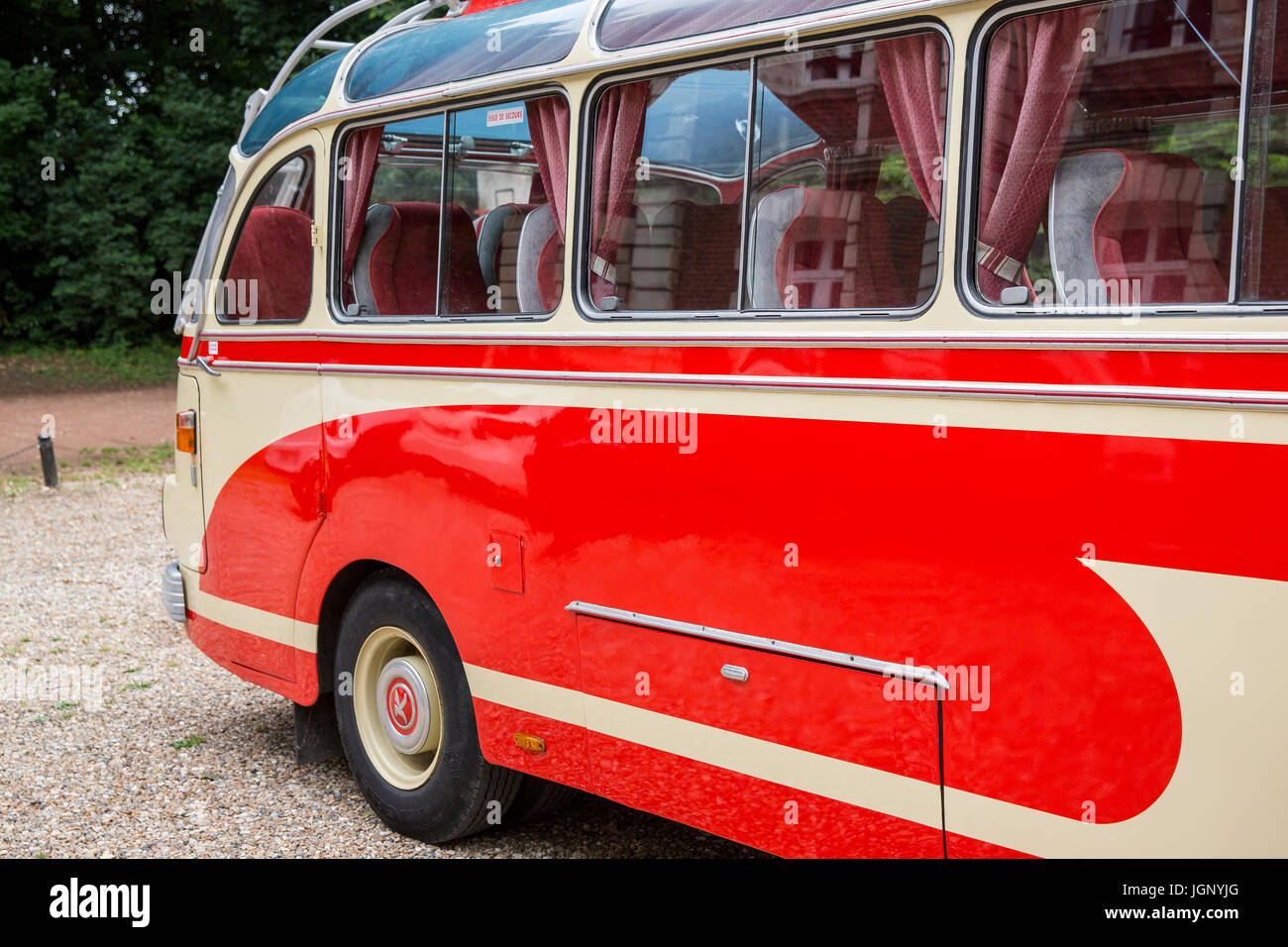 Rouen, France - July 1 2017. Old bus collection, withe and red, first ...