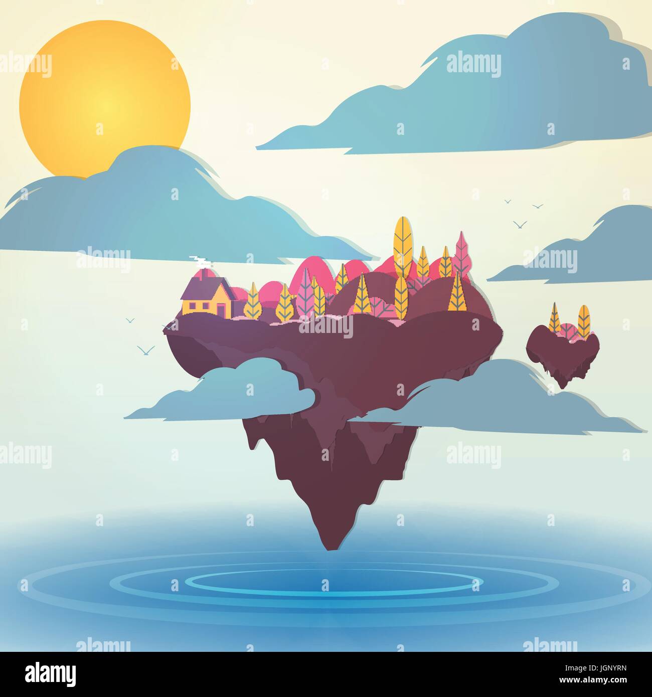 Paper-cut Style Floating Island with Small House and Tree - Vector ...