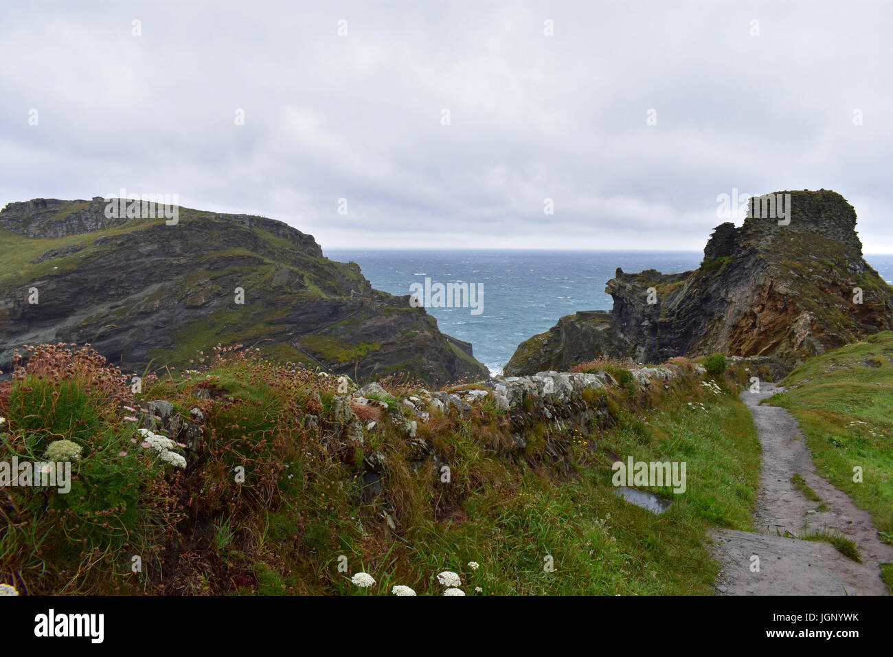 The ruins of mythical Tintagel Castle Cornwall, UK seen from the ...