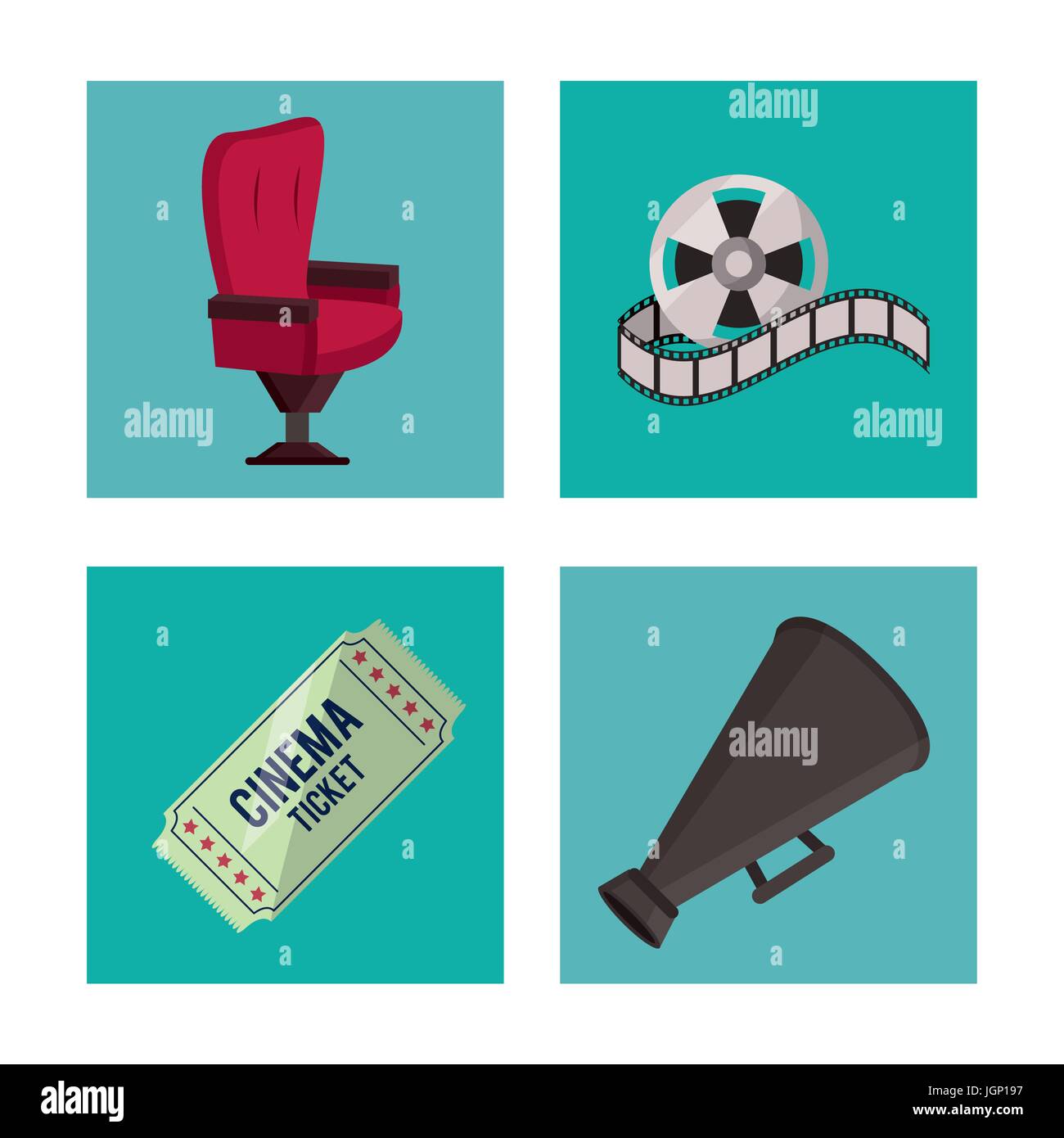 white background with cinema elements in frames as chair ticket reel ...
