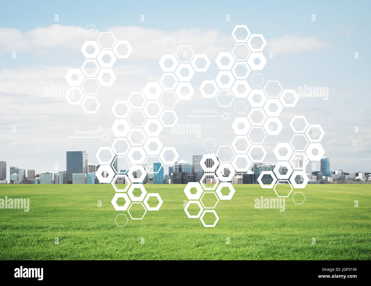 Natural background with modern cityscape green field and media ...