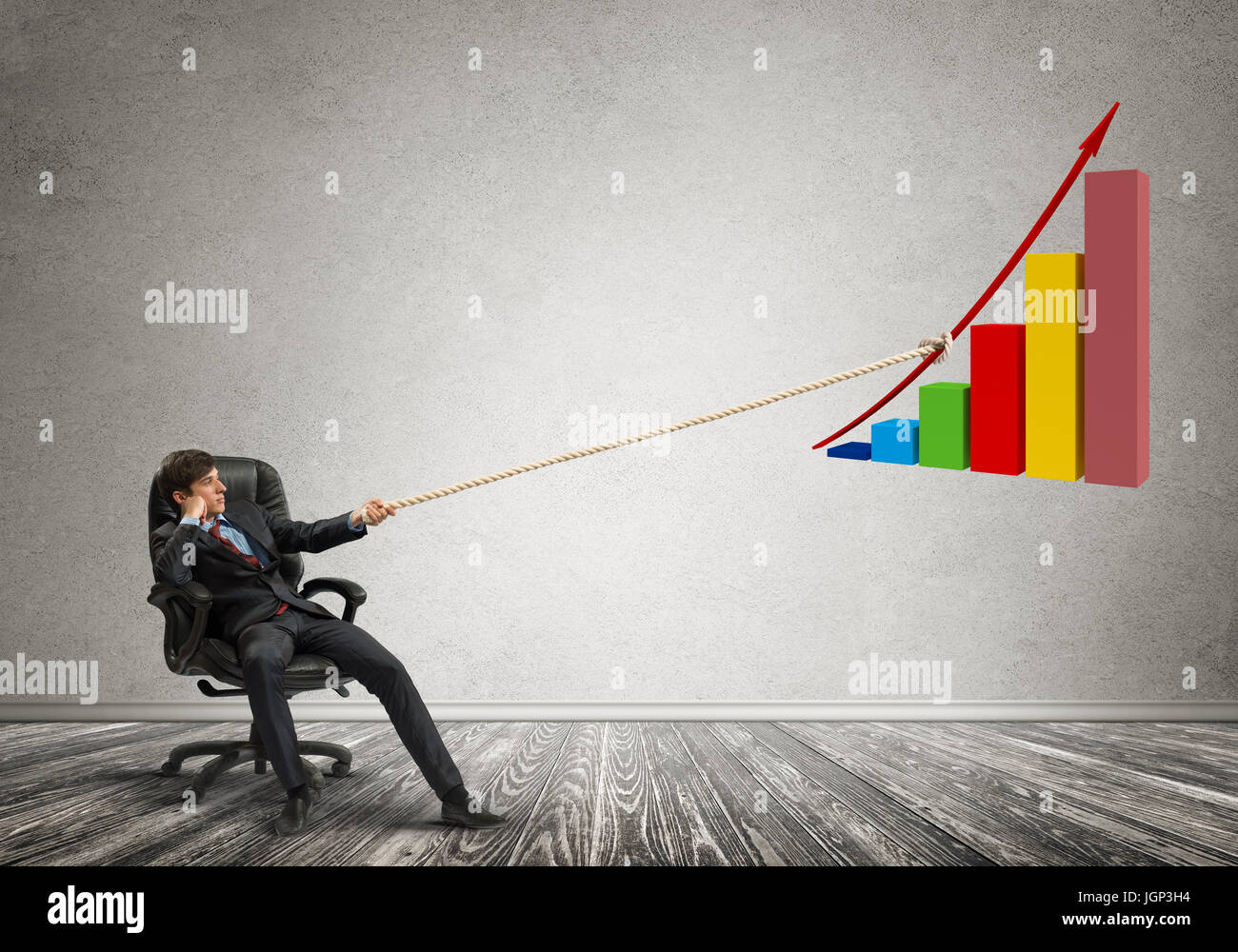 Businessman pulling graph with rope as concept of power and control ...