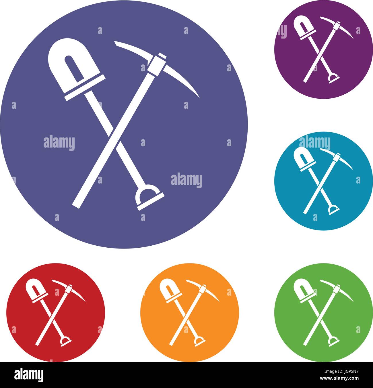 Shovel and pickaxe icons set in flat circle reb, blue and green color ...