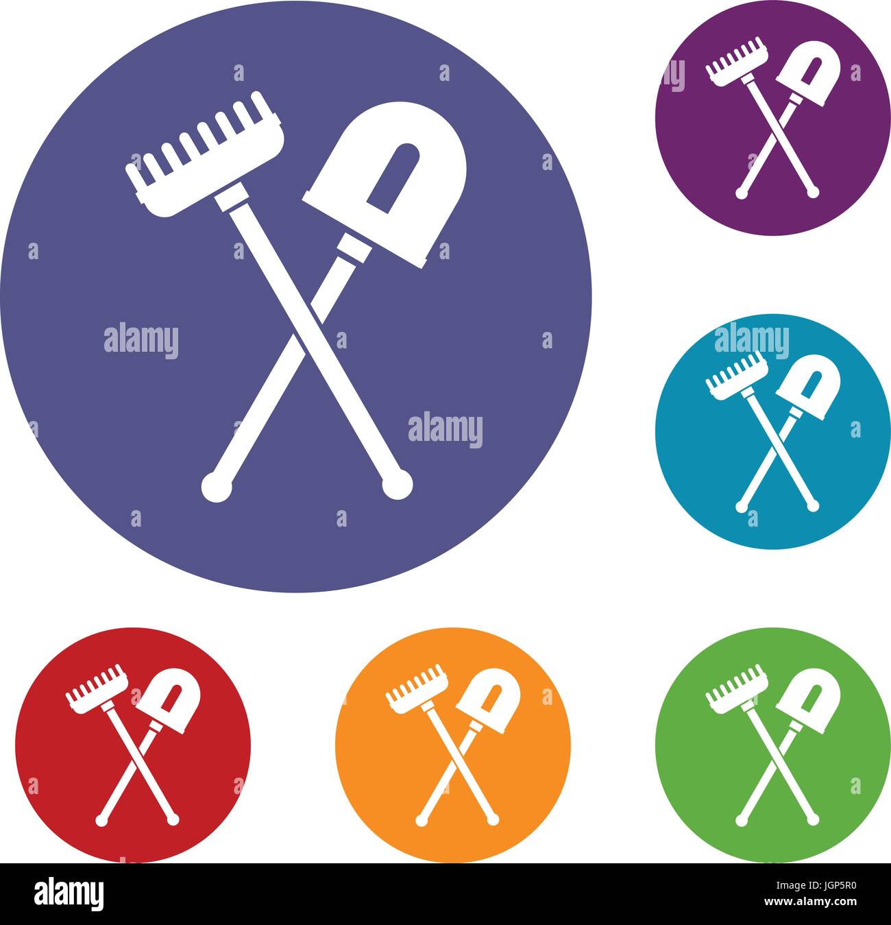 Shovel and rake icons set in flat circle reb, blue and green color for ...