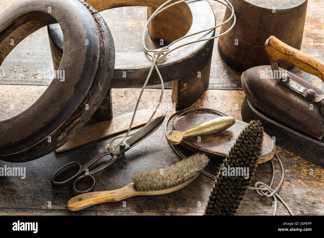Various tools on workbench, hatmaker workshop, Bad Aussee, Styria ...
