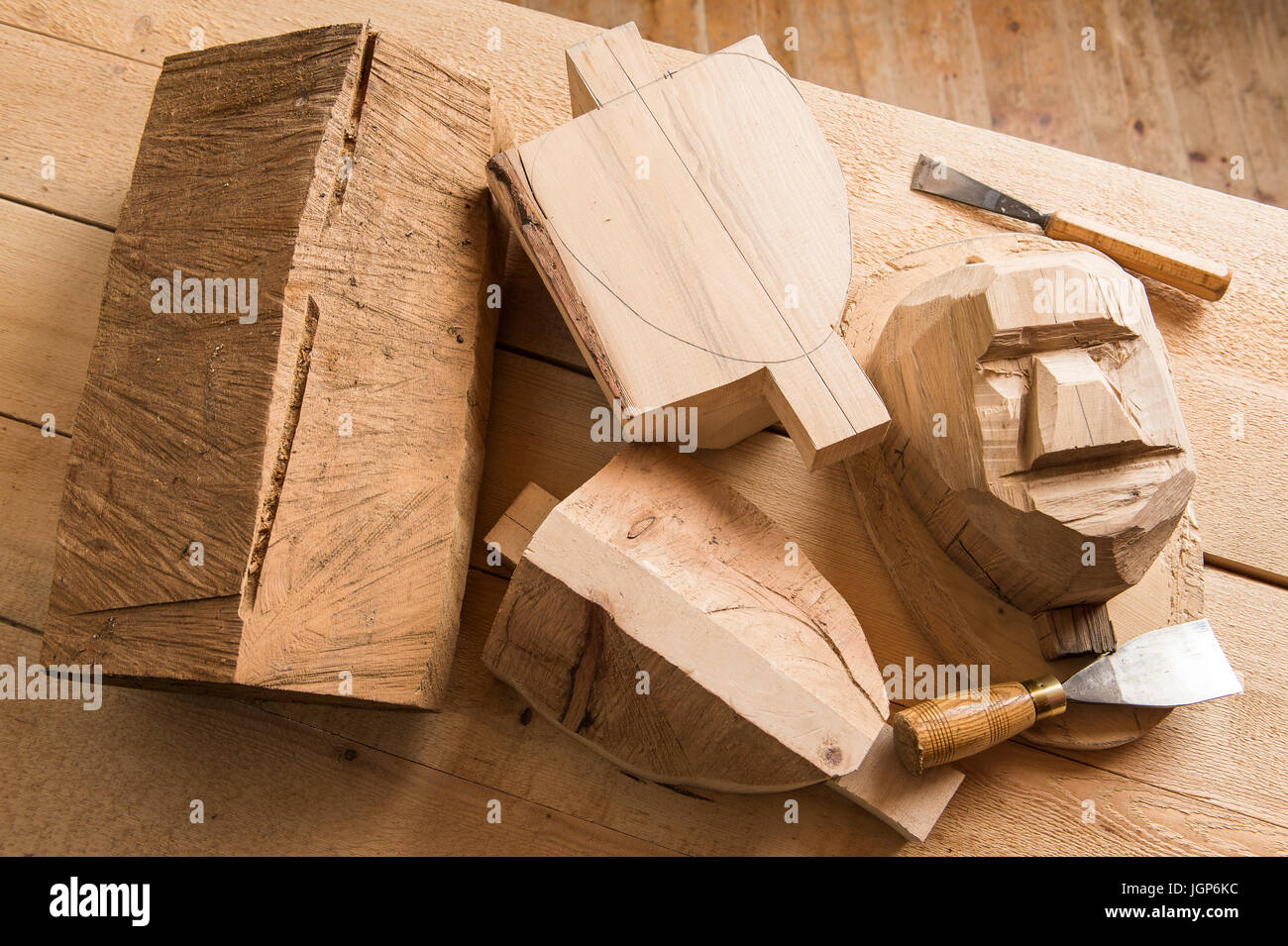 Steps from wooden block to wooden mask, wooden block and unfinished ...