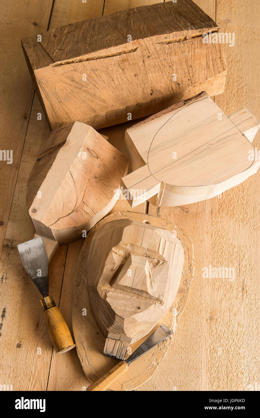 Steps from wooden block to wooden mask, wooden block and unfinished ...