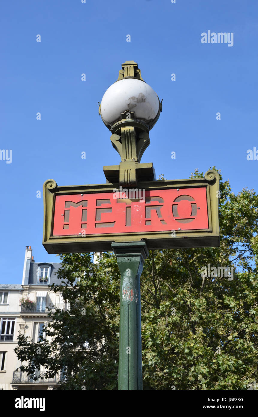 PARIS - AUG 13: A sign for the Metro in Paris, France is shown on ...