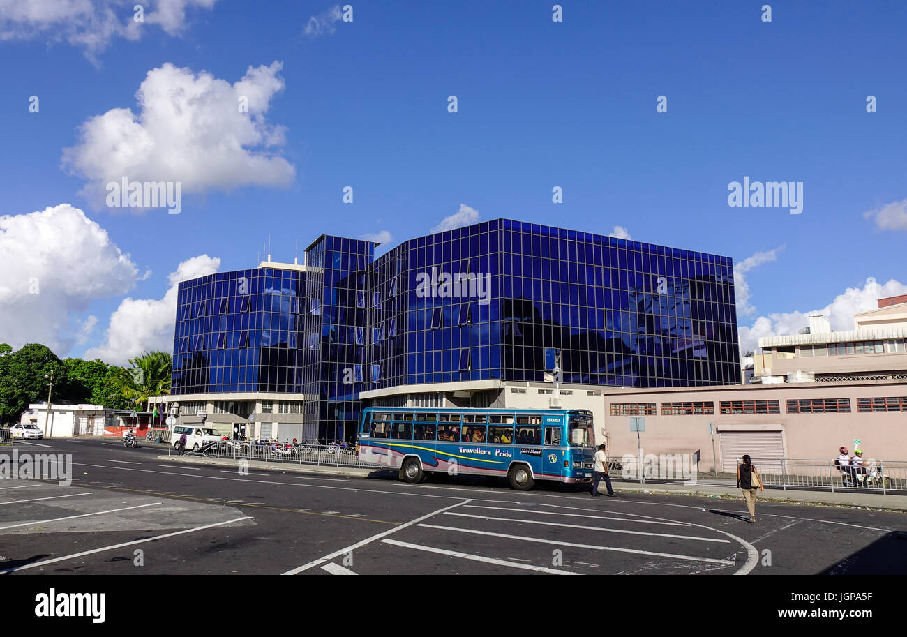 Port Louis, Mauritius - Jan 4, 2017. View of street with office ...