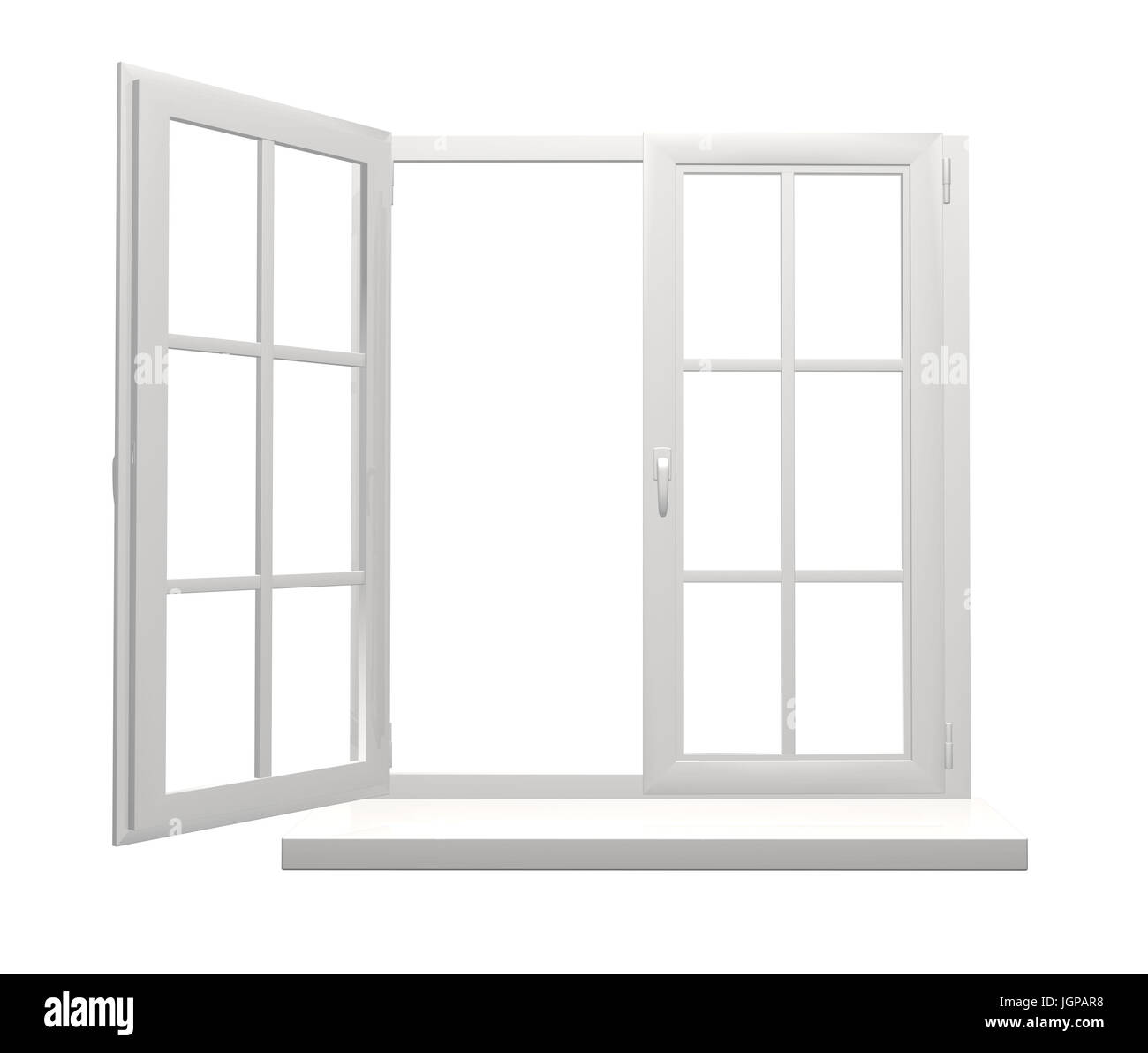Window frame with one open and one closed flap. Isolated on white ...