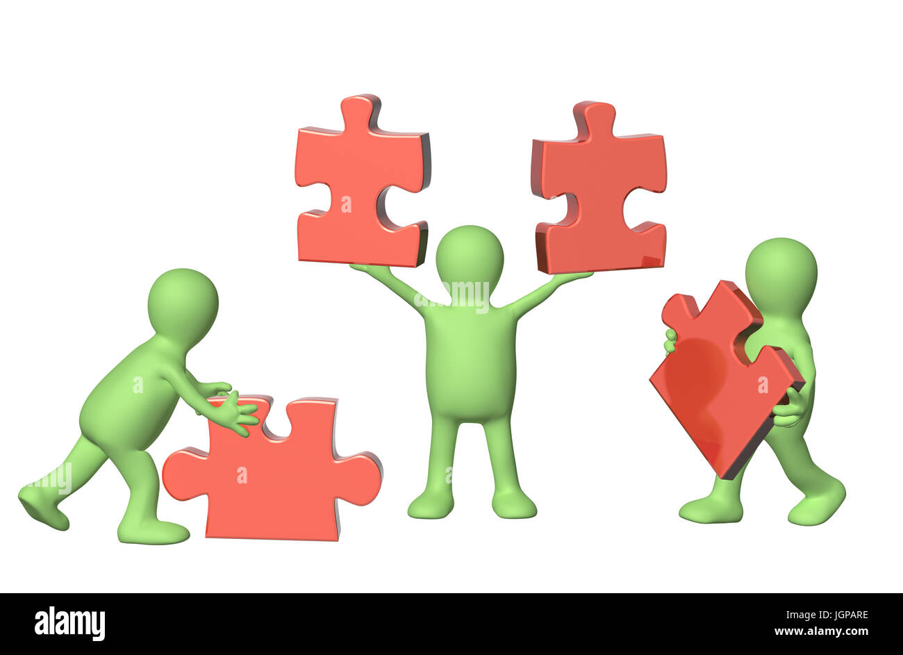 Success of teamwork. Three 3d mans of green color with part of puzzles ...