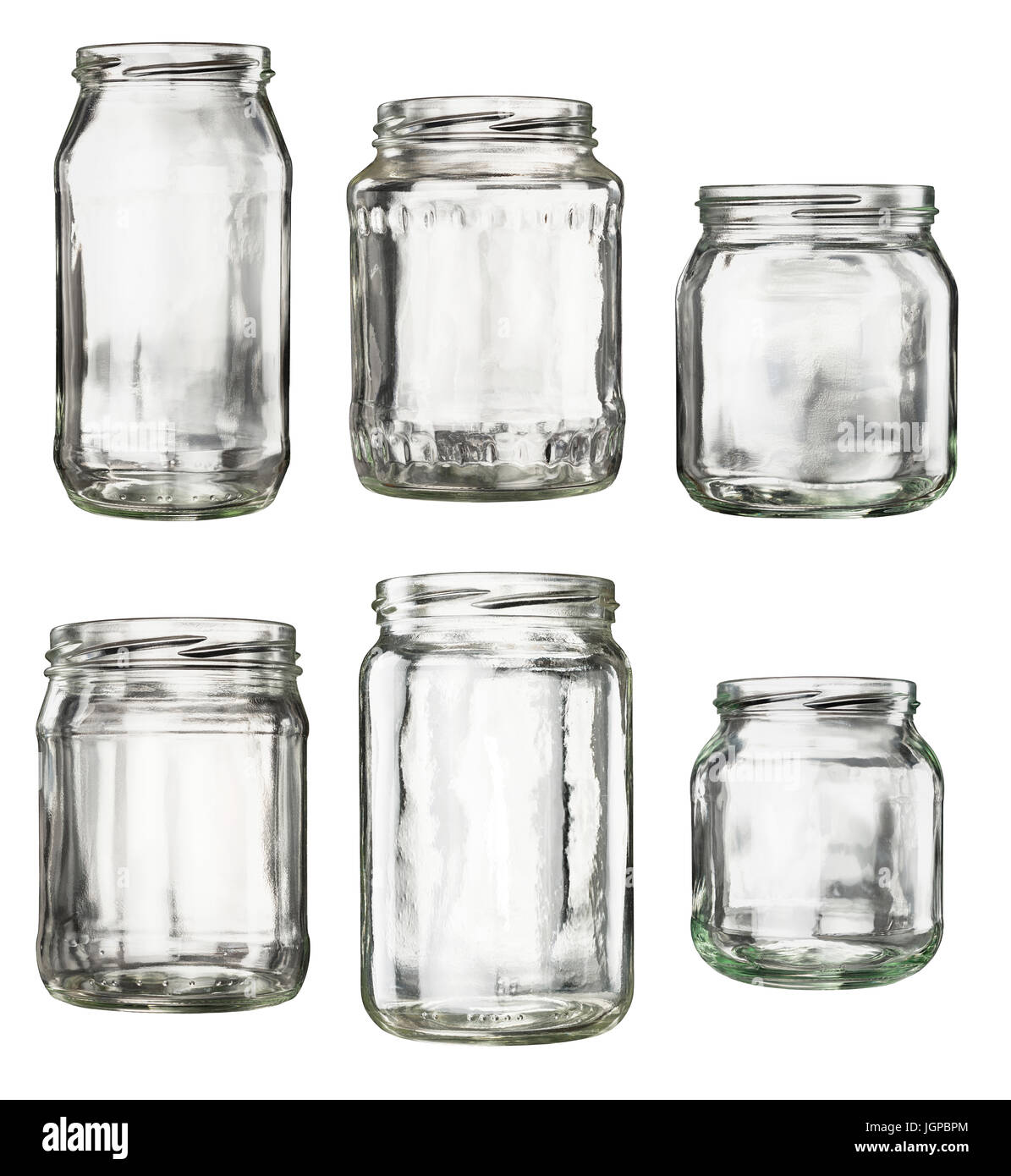 Open empty glass jars isolated on white Stock Photo - Alamy