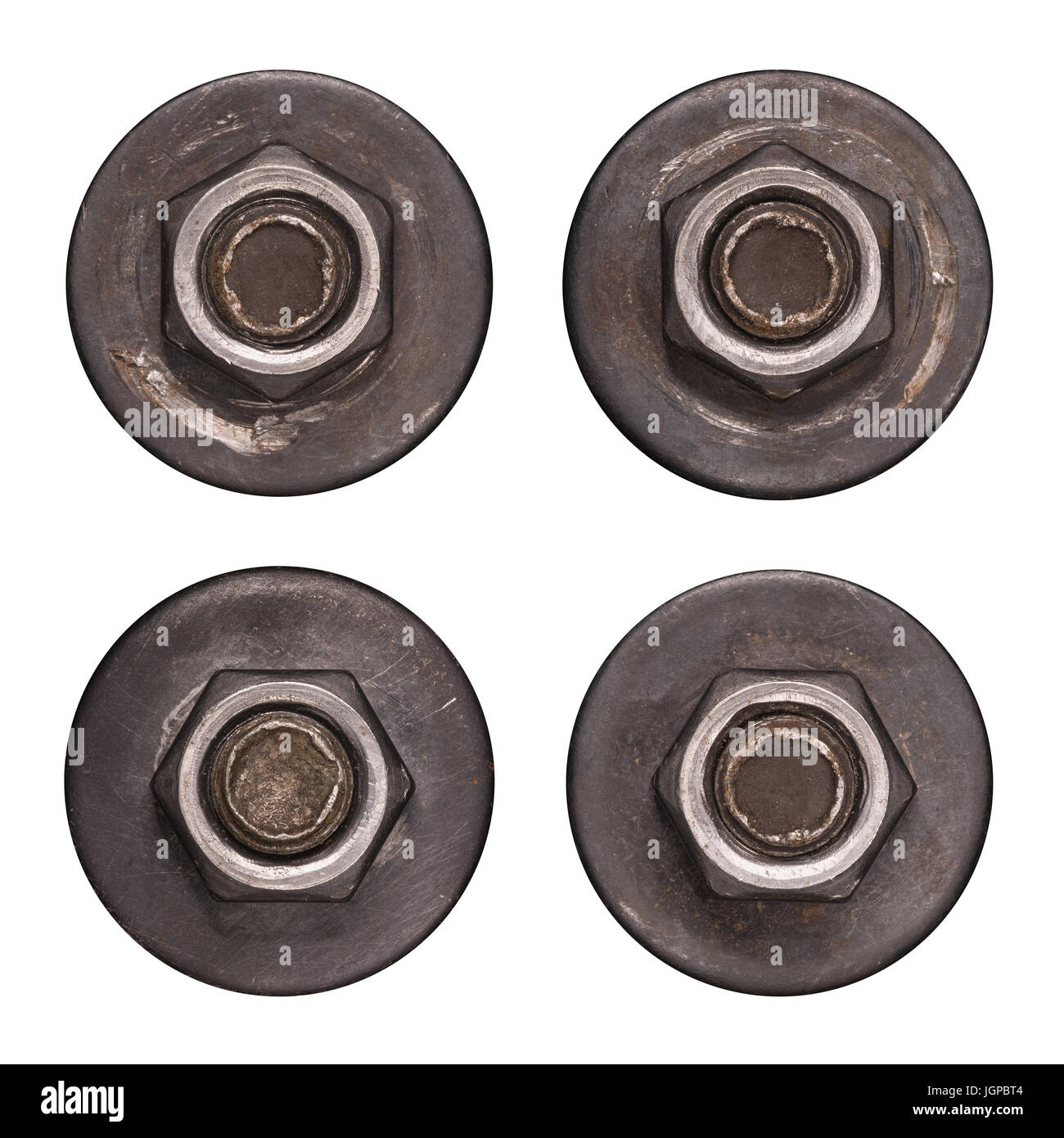 Dark screw nut heads with washers isolated on white Stock Photo - Alamy