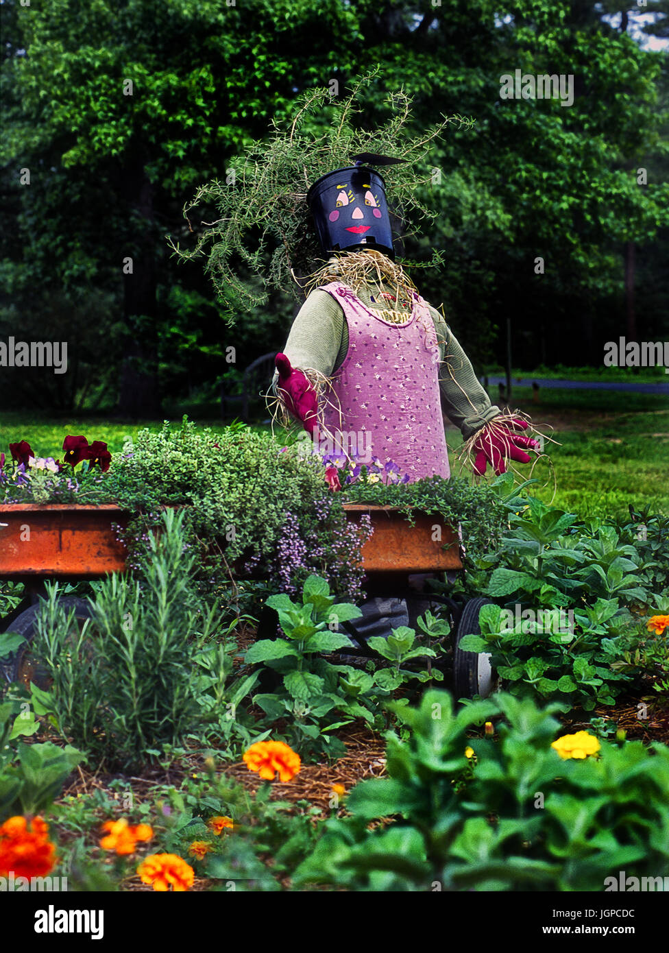 Scare crow in garden, colorful Stock Photo - Alamy