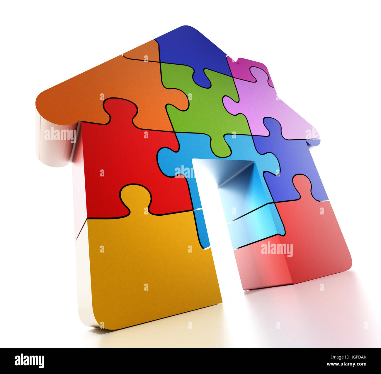 Multi colored puzzle pieces forming a house. 3D illustration Stock ...