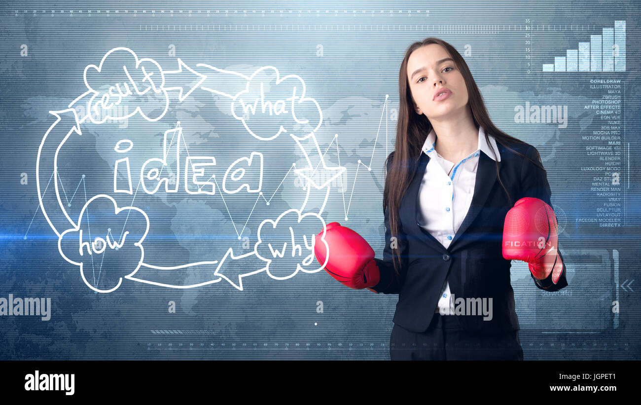 Creative ideas concept, boxing businesswoman standing on fight pose on ...