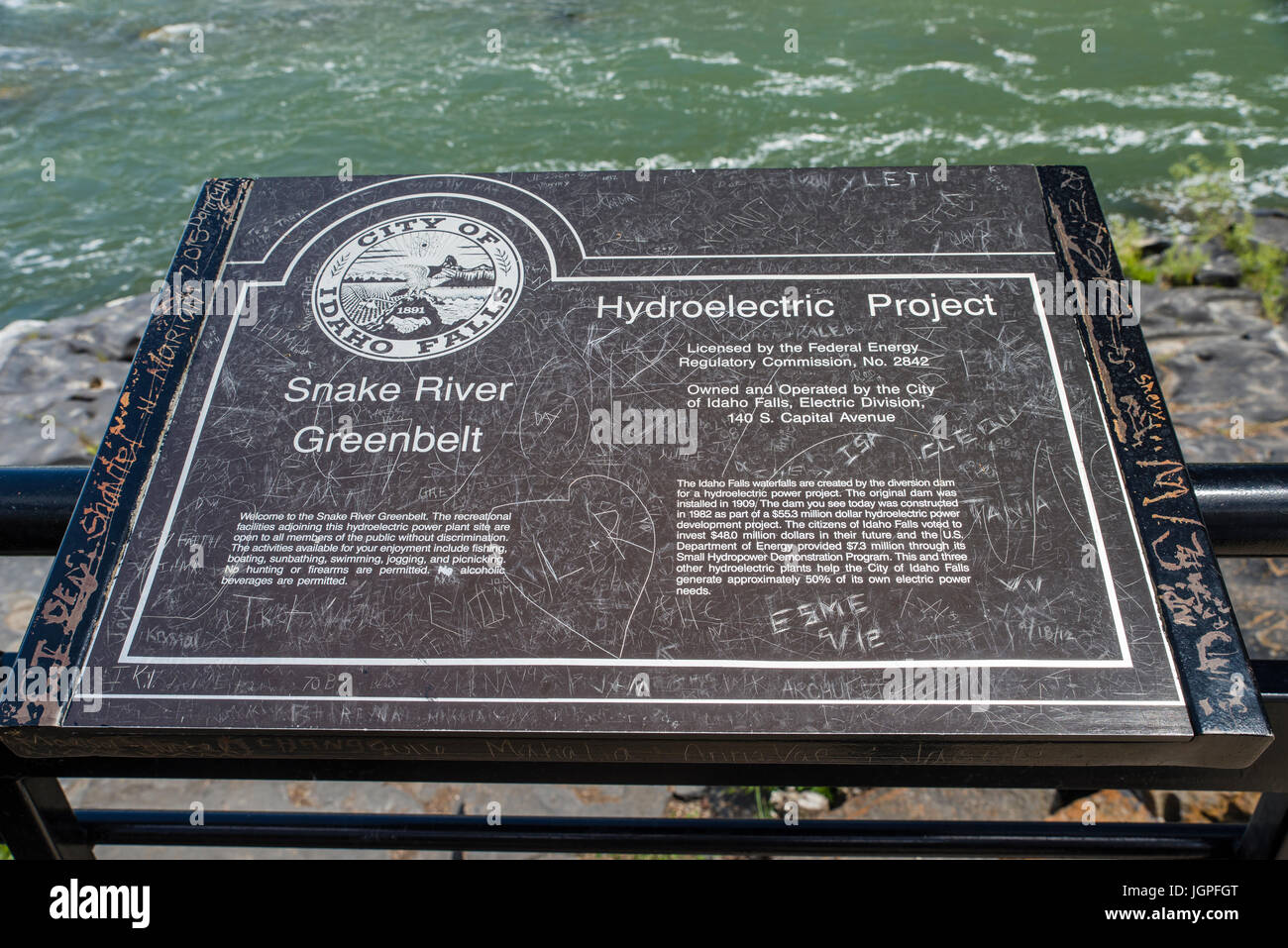 Sign explaining the Idaho Falls hydroelectric system and planst on the ...