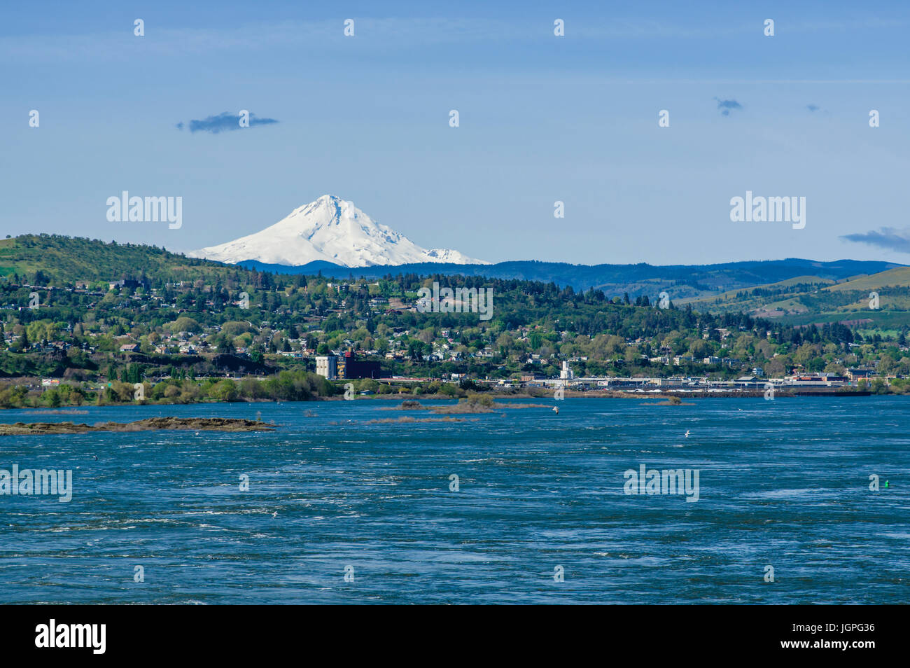 The Dalles with Mount Hood in the background and the Columbia River ...