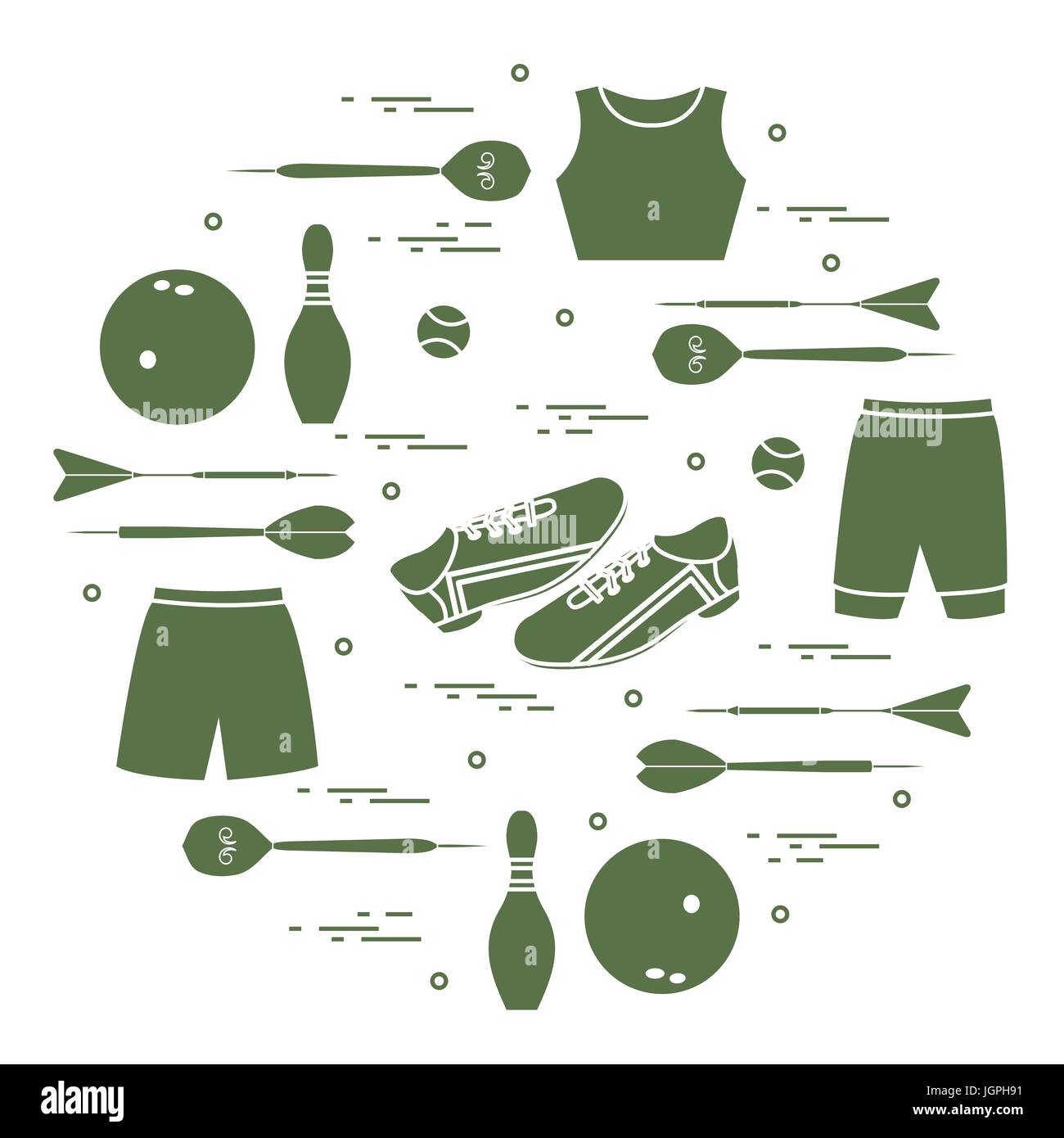 Vector illustration with goods for sports arranged in a circle. Sports ...