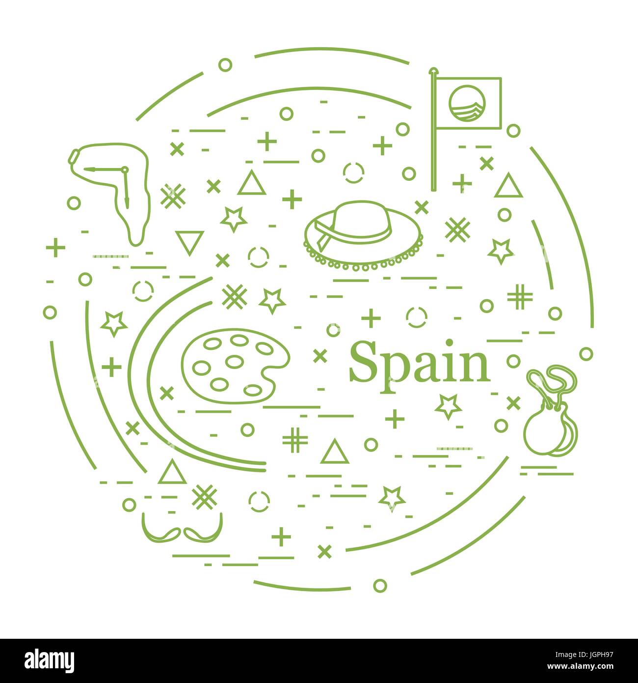 Vector illustration with various symbols of Spain arranged in a circle ...