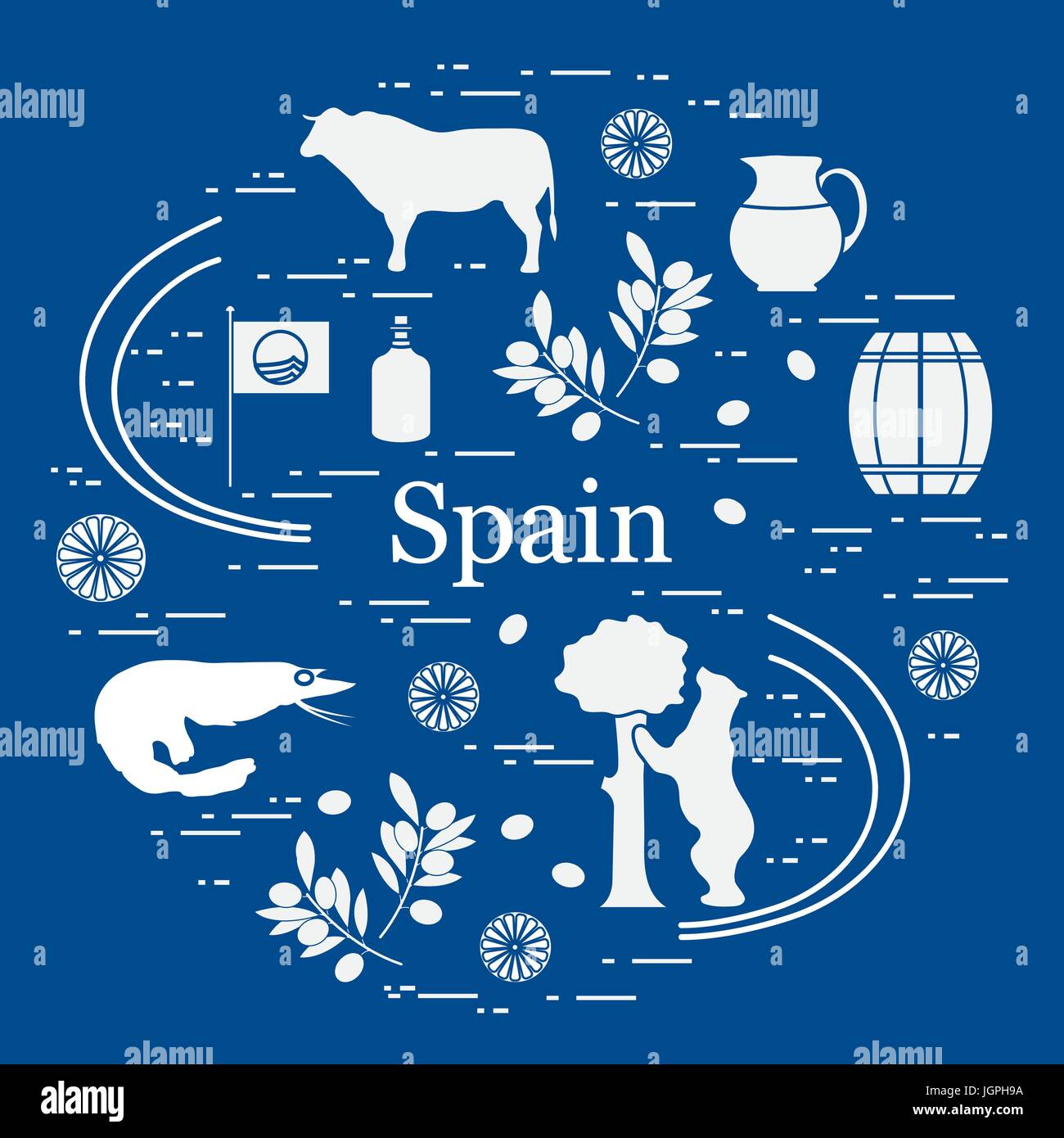 Vector illustration with various symbols of Spain arranged in a circle ...