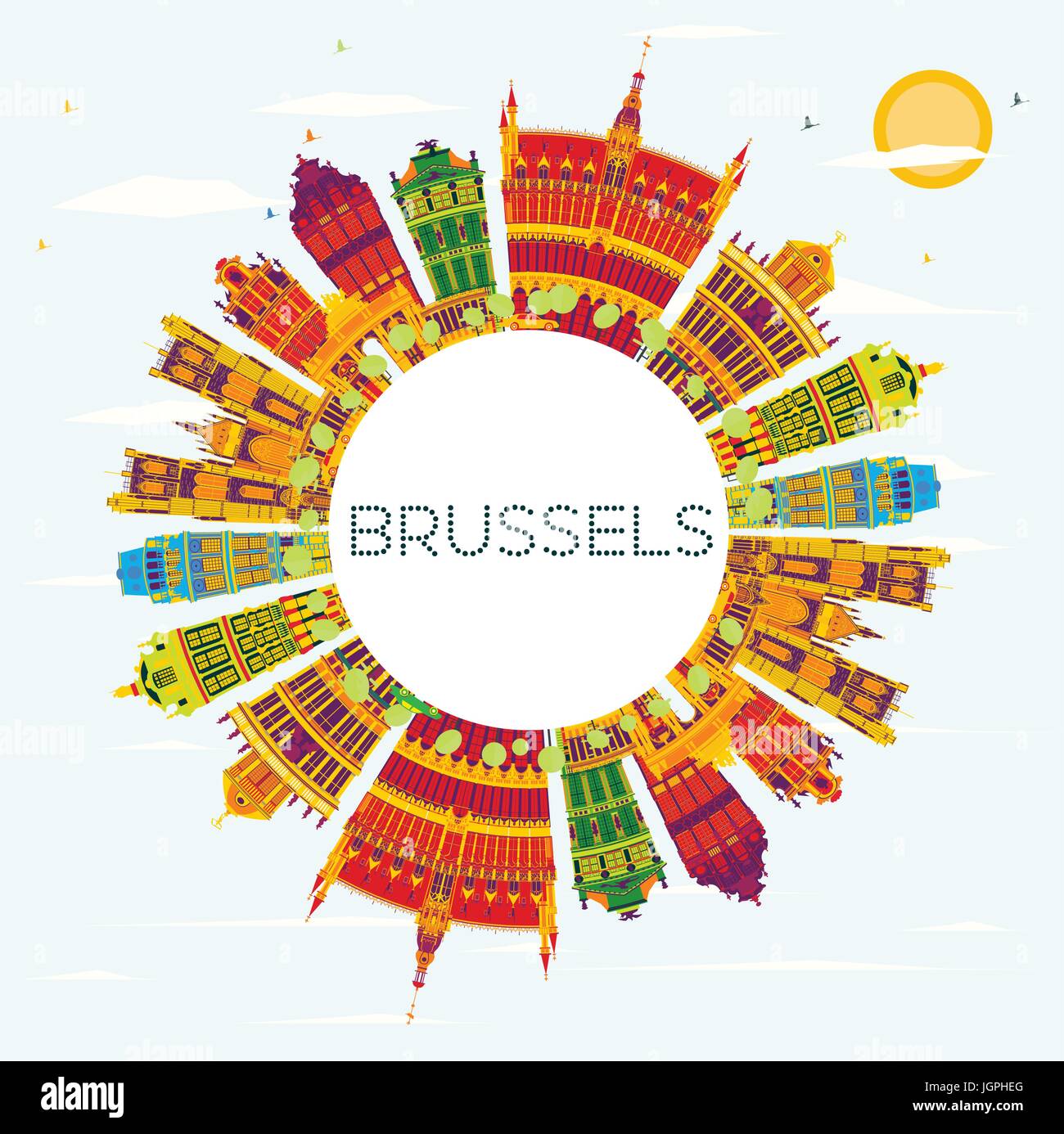 Brussels Skyline with Color Buildings, Blue Sky and Copy Space. Vector ...