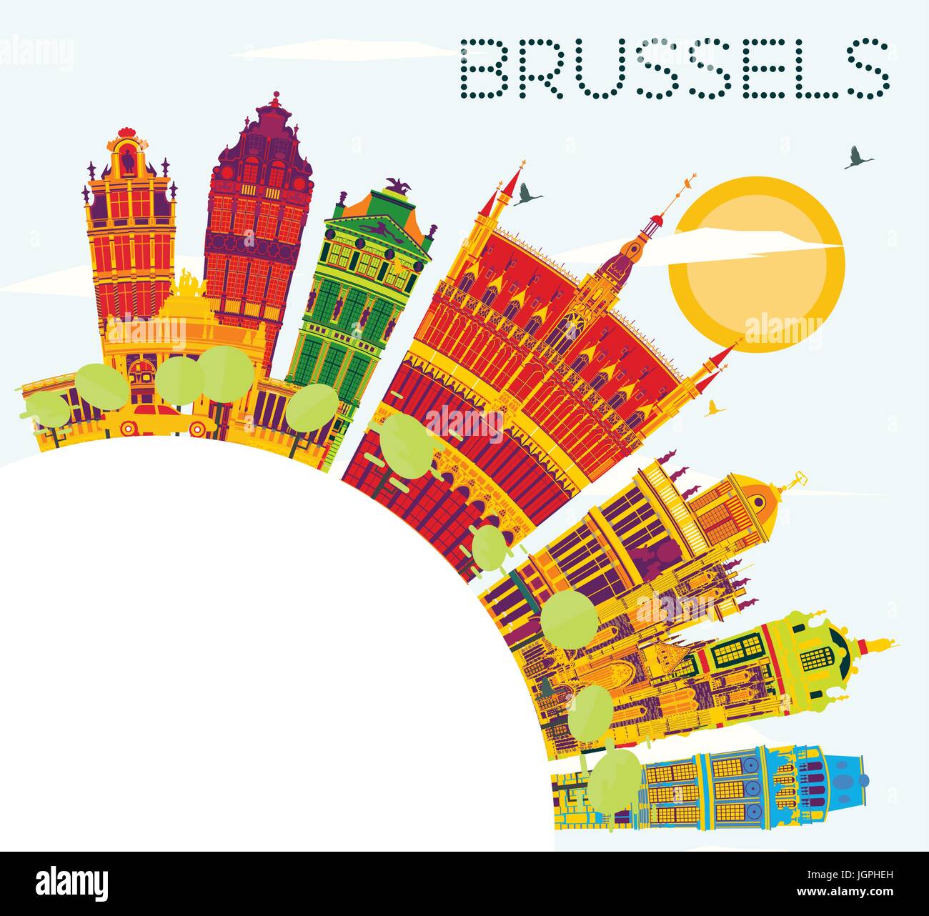 Brussels Skyline with Color Buildings, Blue Sky and Copy Space. Vector ...