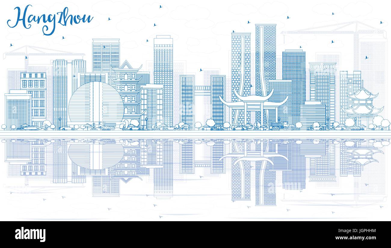 Outline Hangzhou Skyline with Blue Buildings and Reflections. Vector ...