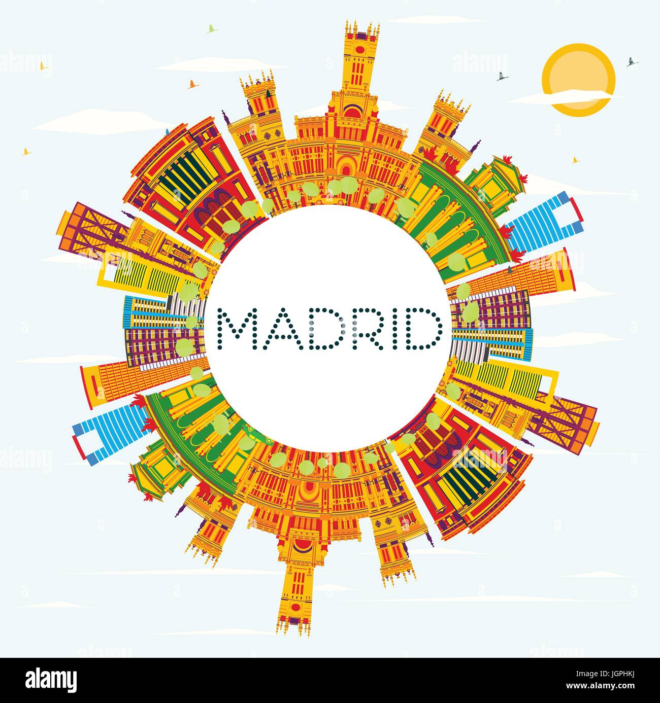 Madrid Skyline with Color Buildings, Blue Sky and Copy Space. Vector ...
