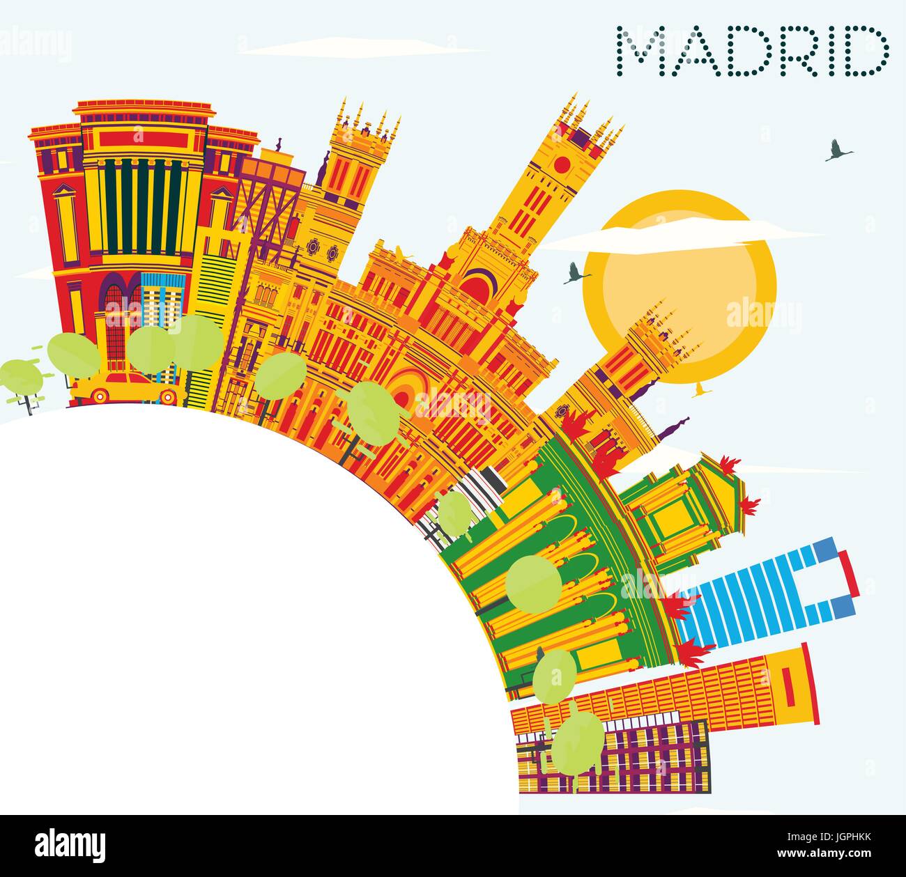 Madrid Skyline with Color Buildings, Blue Sky and Copy Space. Vector ...