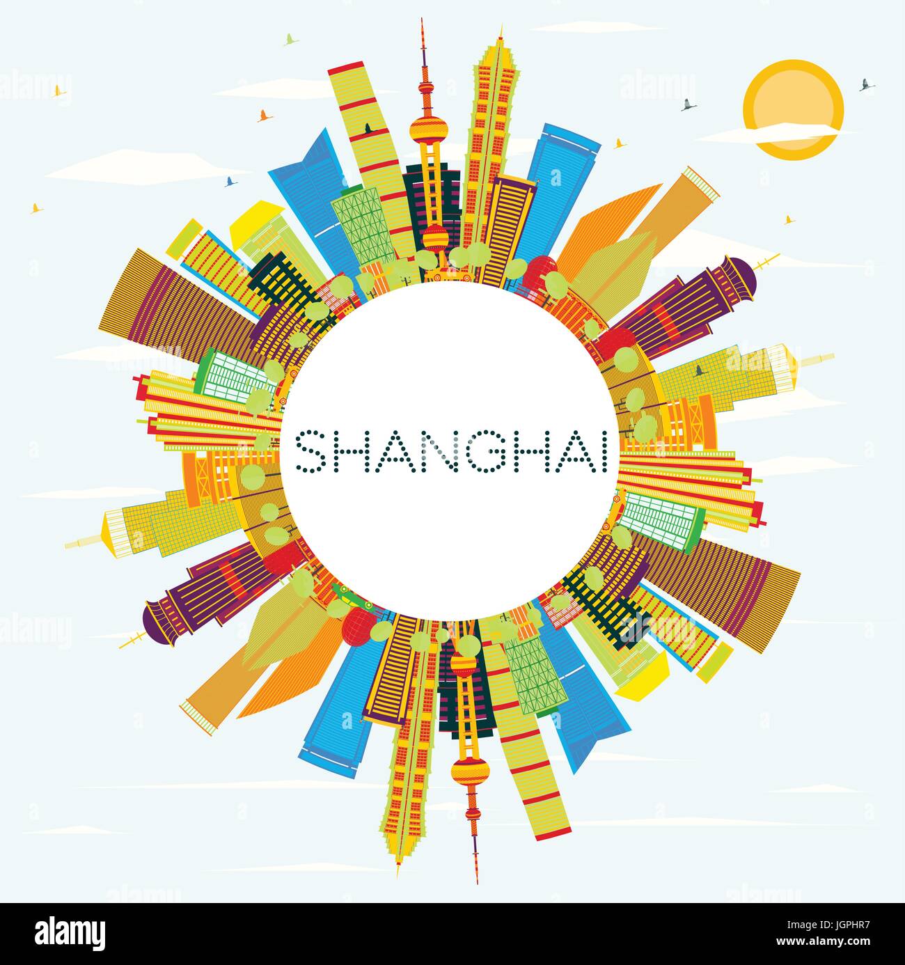 Shanghai Skyline with Color Buildings, Blue Sky and Copy Space. Vector ...