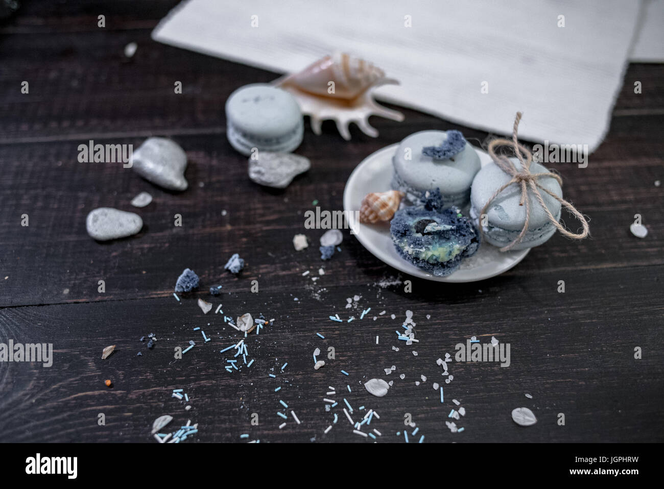 Sea style decoration of macaroons in concept of dreaming about sea ...