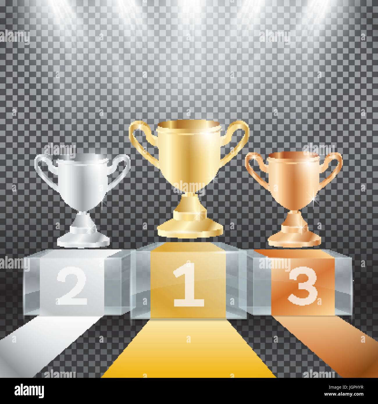 Winner Podium with Spotlights and Cup on Transparent Background. Vector ...