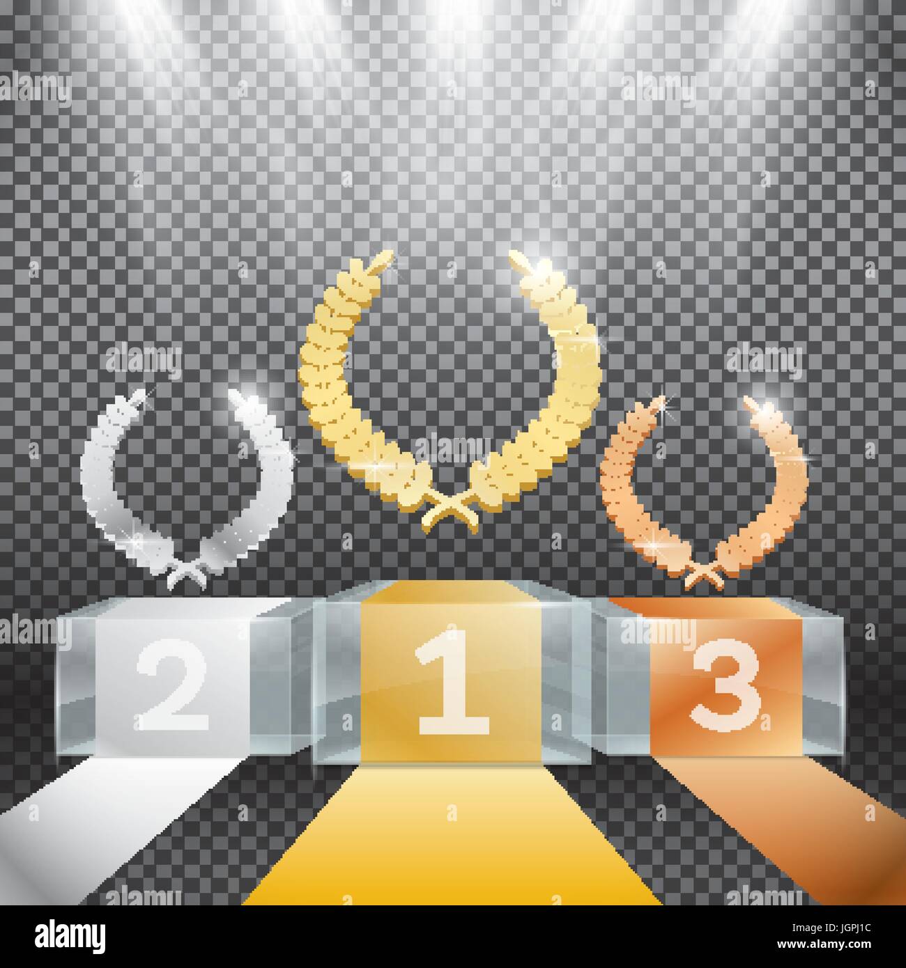 Glass Winner Podium with Spotlights and Laurel Wreath on Transparent ...