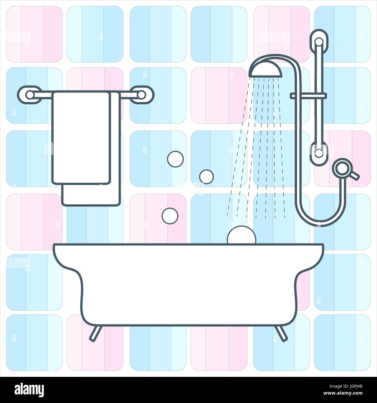 Cute vector illustration of variety bathroom elements: shower, bath ...