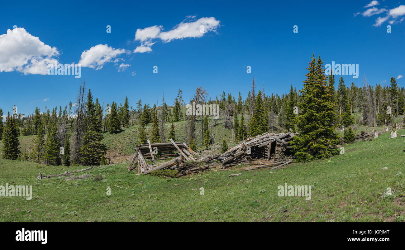 Broken log poles mark the remains of a log cabin in the foothills of ...