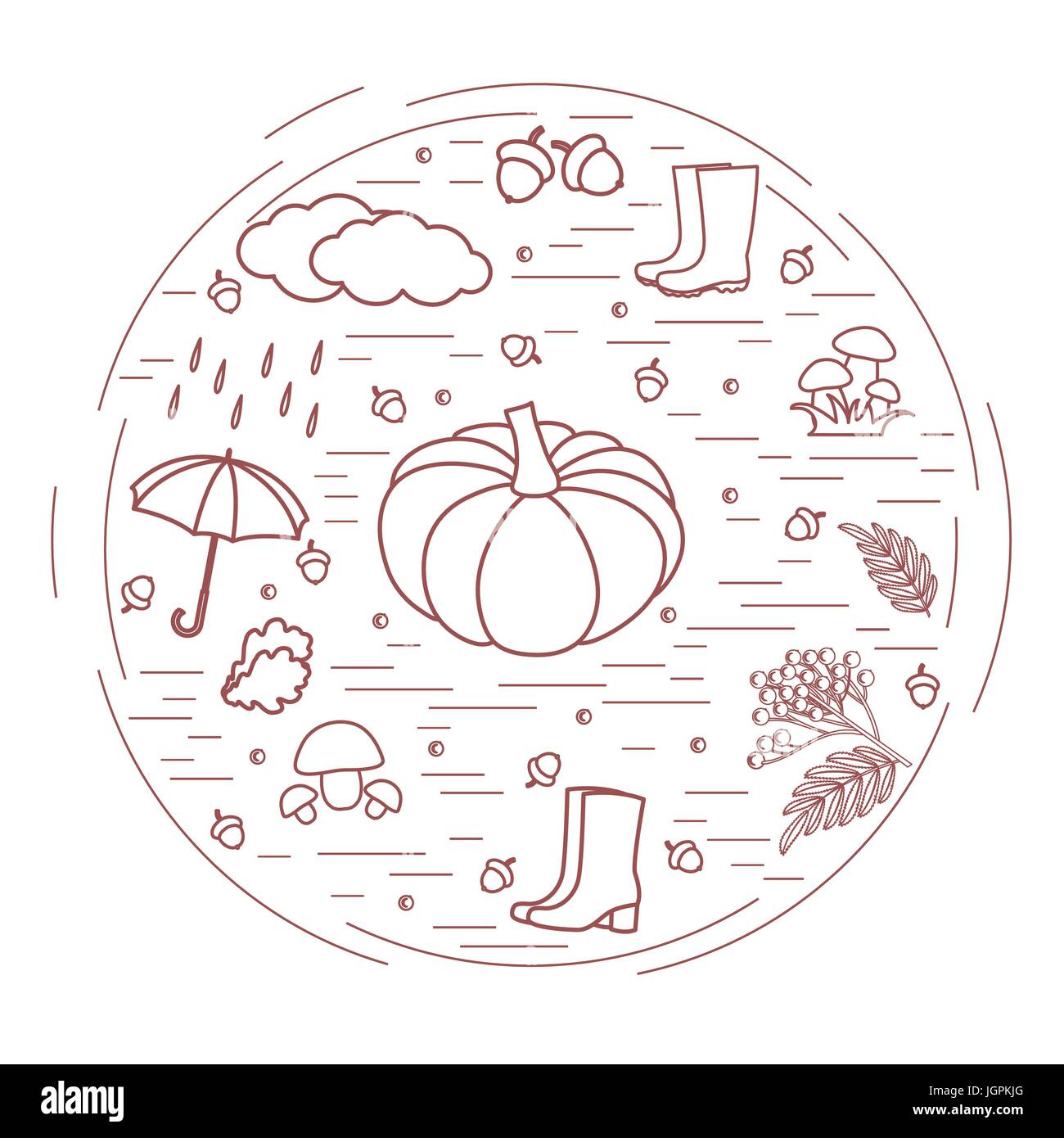 Vector illustration of different autumn seasonal symbols arranged in a ...