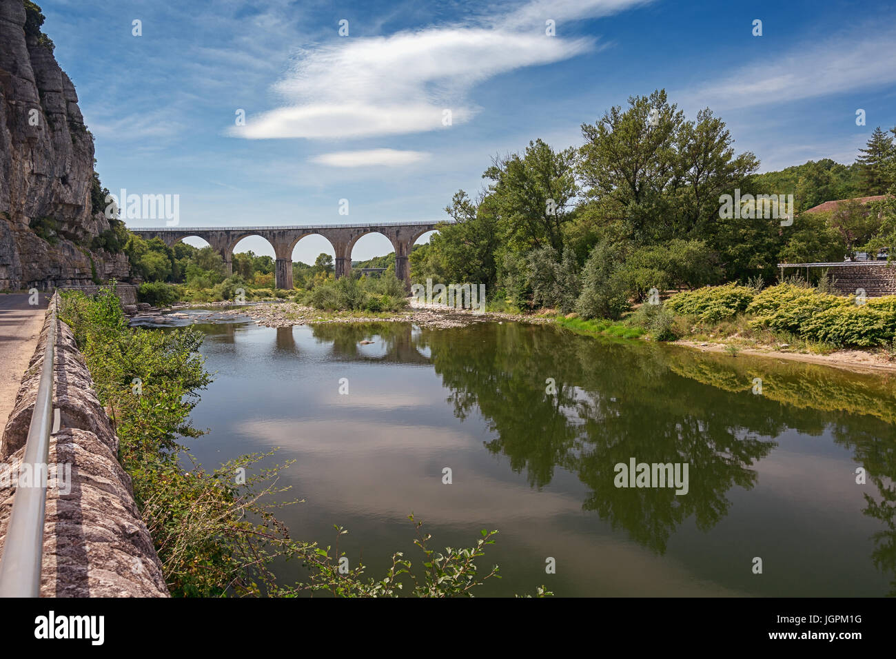 The bridge over the Ardeche river near the village of Vogue in the ...