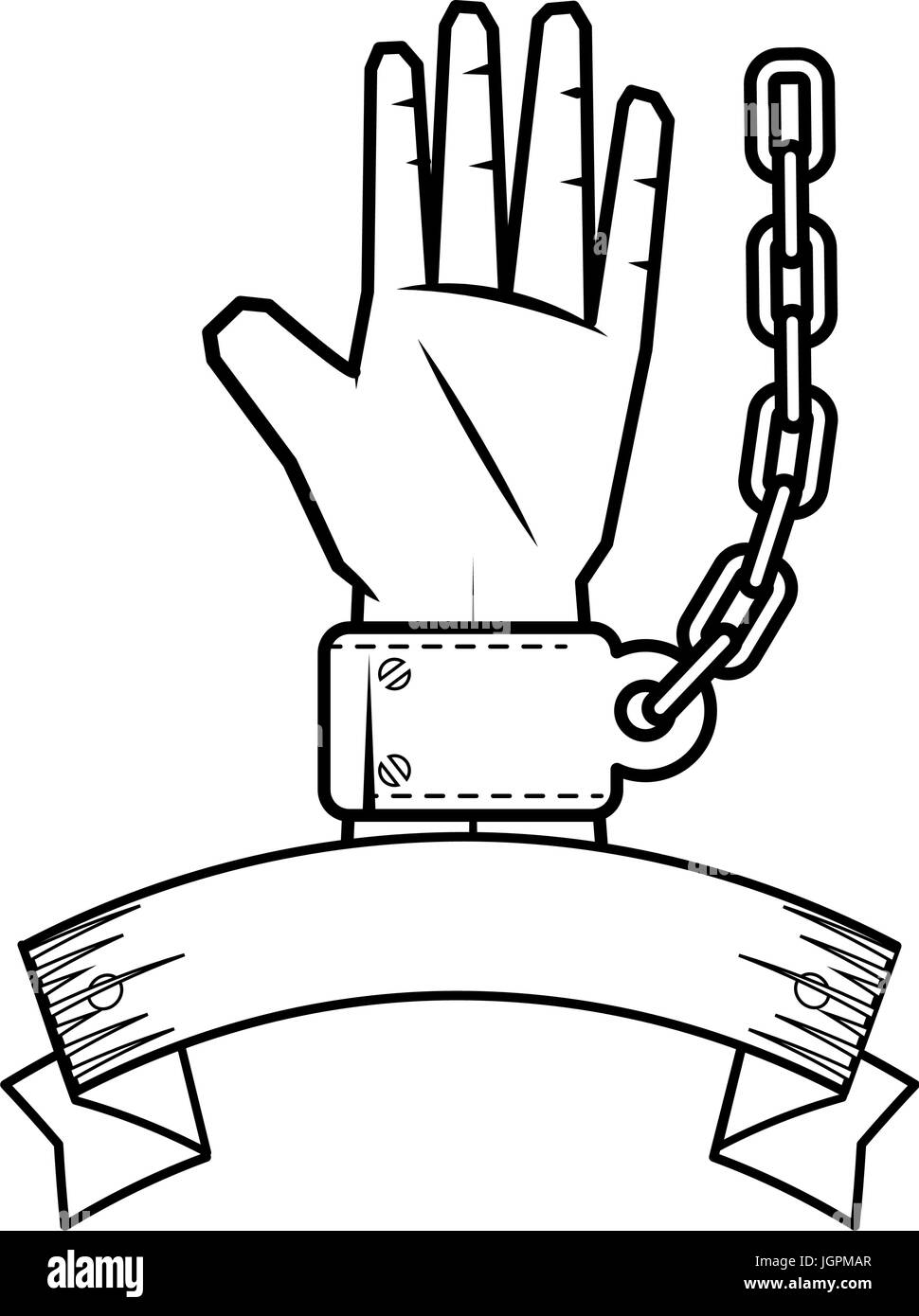 decorative ribbon with hand with handcuffs icon over white background ...