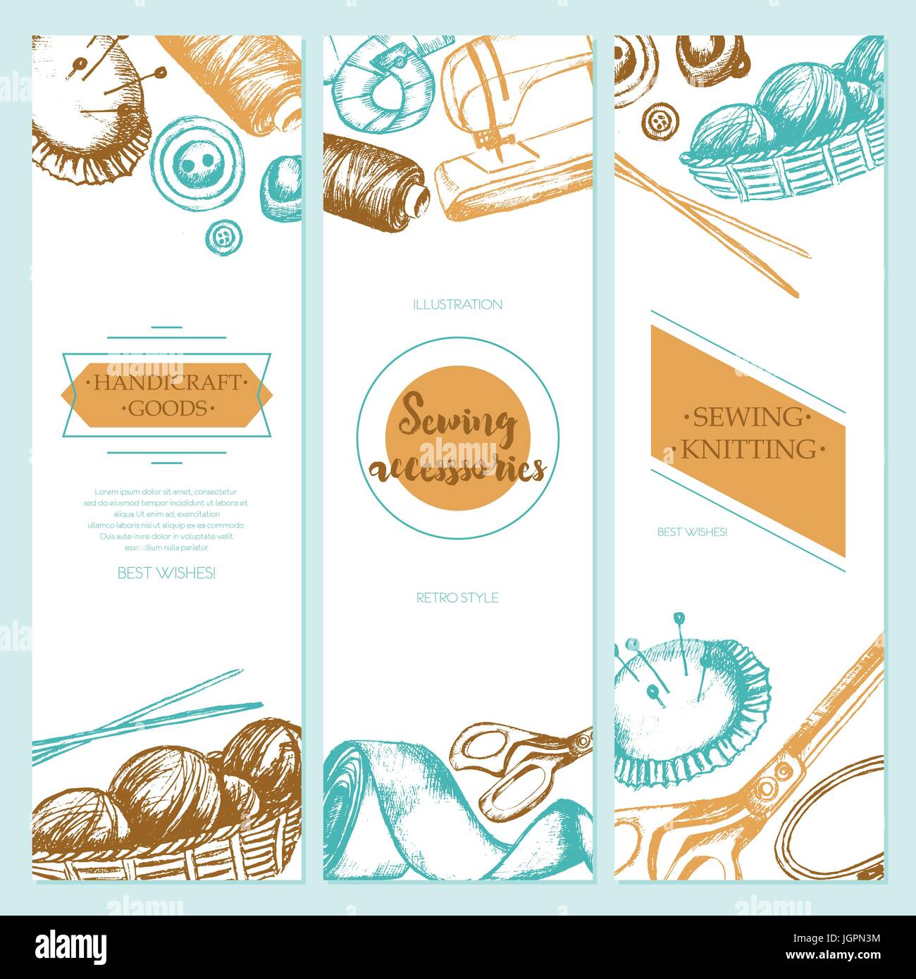 Sewing Accessories - color vector drawn template banner with copy space ...