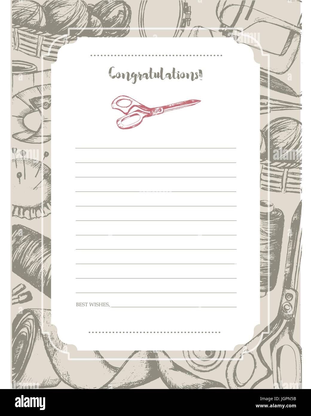 Sewing Accessories - black and white vector hand drawn template card ...