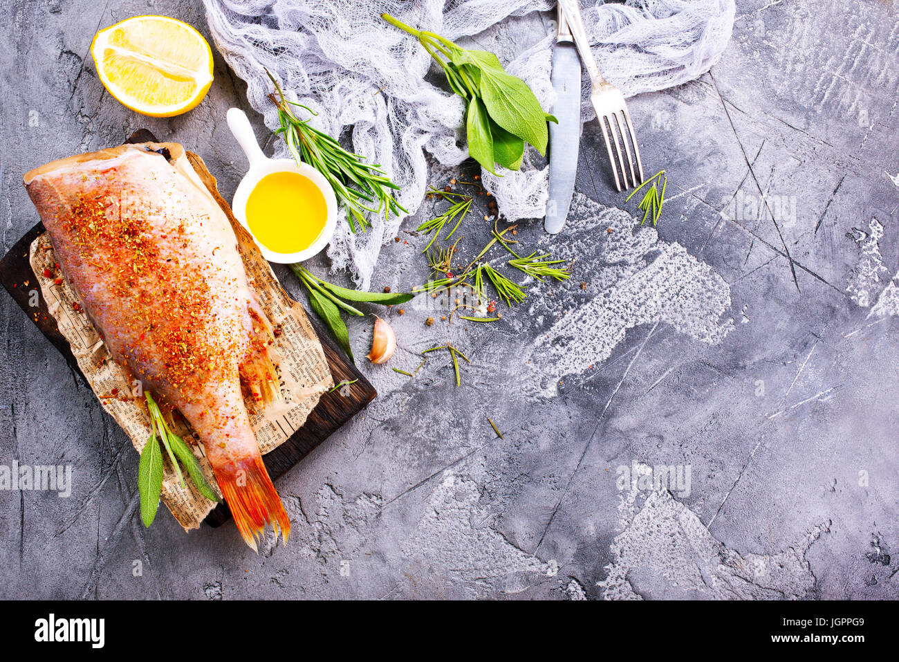 raw fish with aroma spice and salt Stock Photo - Alamy