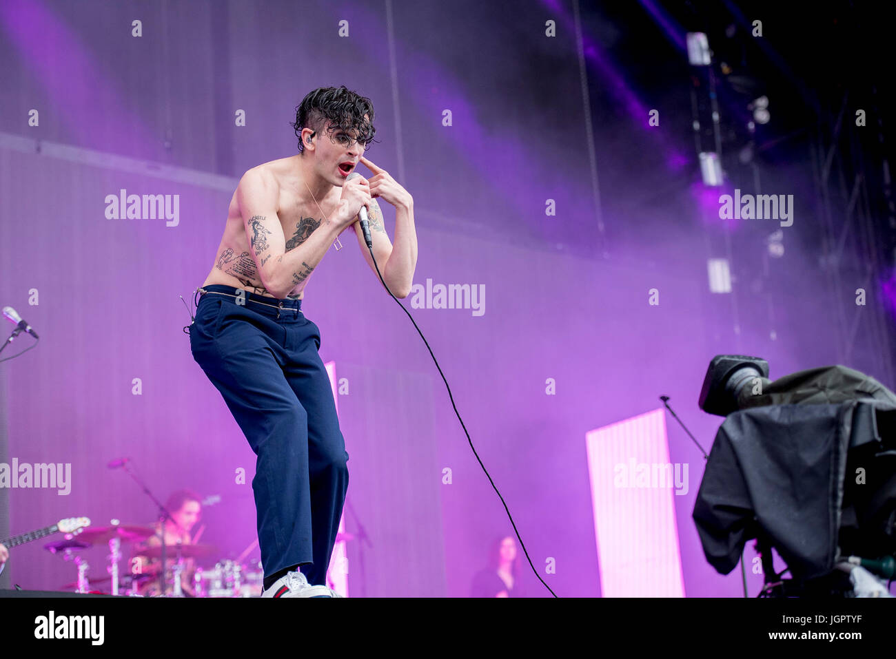Glasgow, UK. 09th July, 2017. Matt Healey of The 1975 performs on the ...