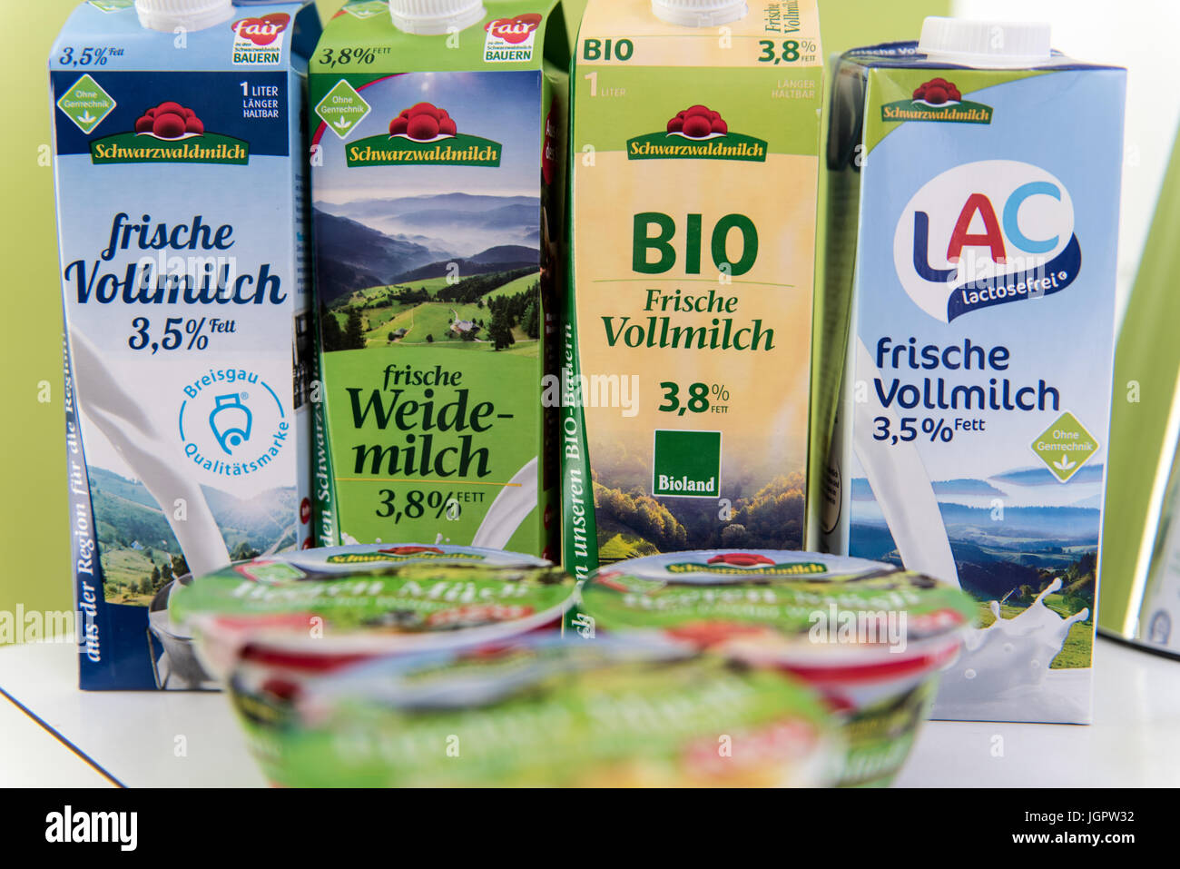 Boxes of milk, photographed at the dairy farm 'Schwarzwaldmilch' in ...