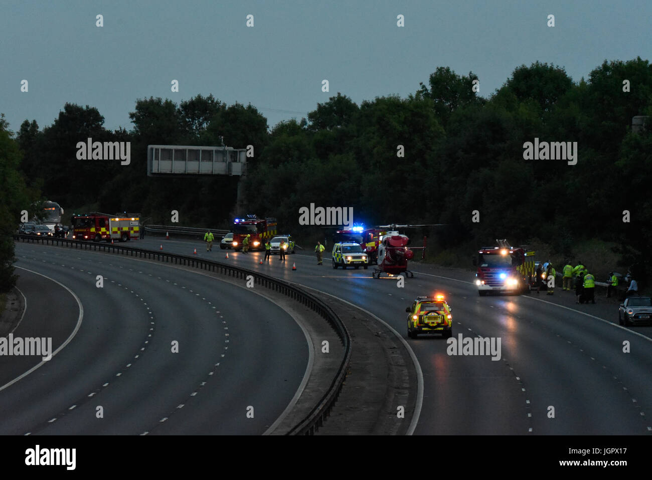 Accident closed M11 near Bishops Stortford, Harlow, Essex, UK. Three ...