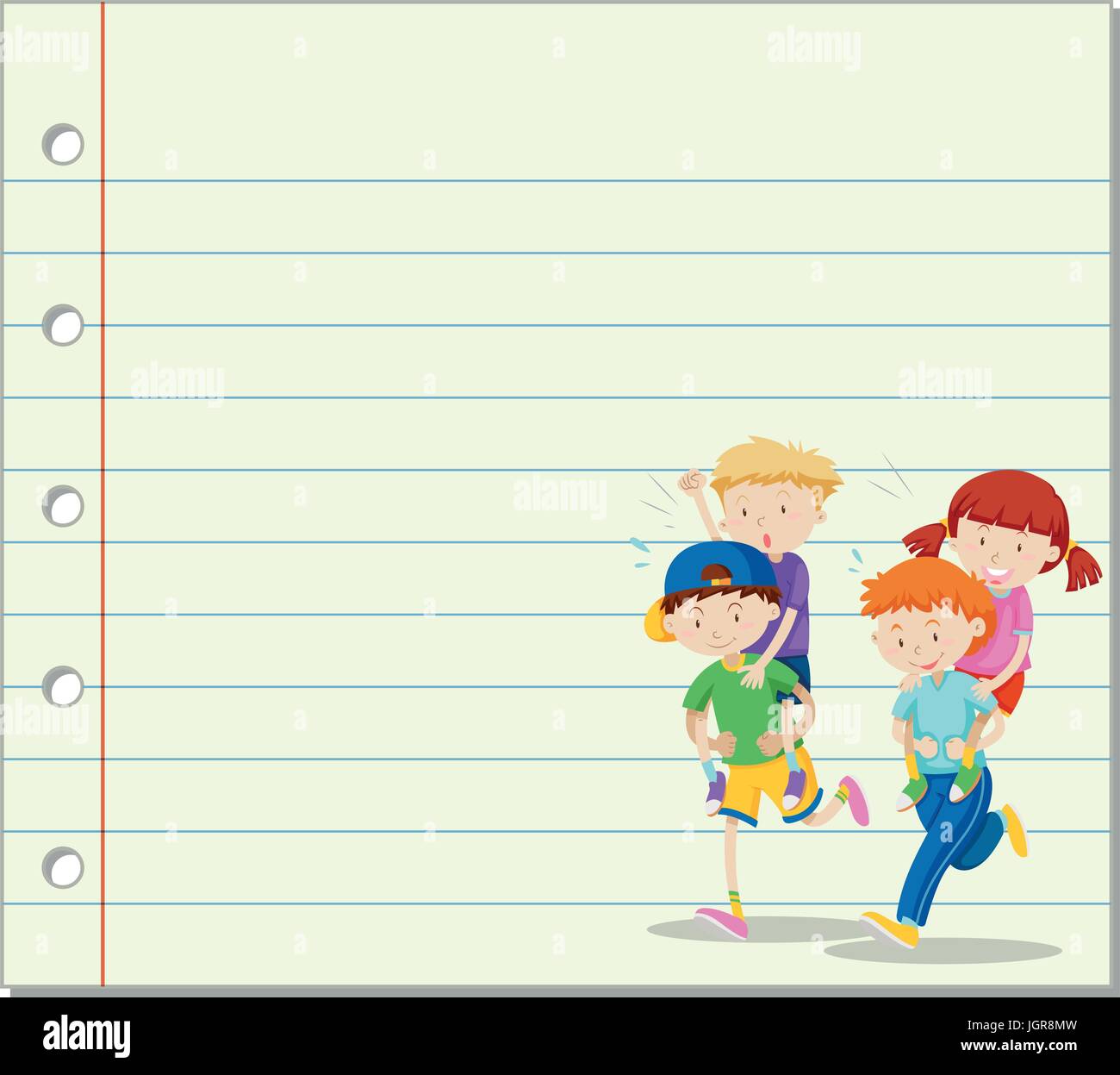 Line paper with kids playing piggy back ride in background illustration ...